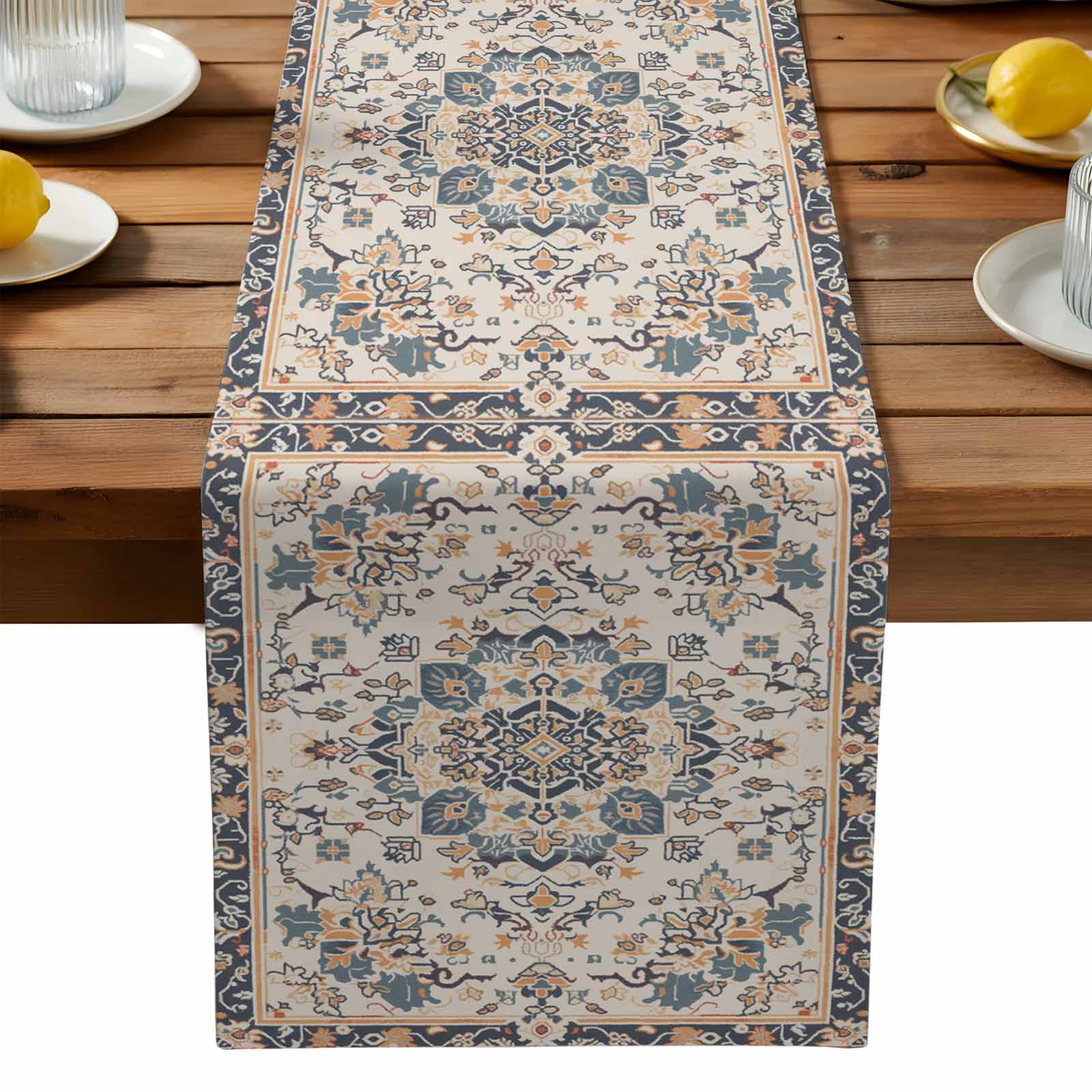Boho Blue Cotton Linen Table Runner for Dining Kitchen, Southwestern ...