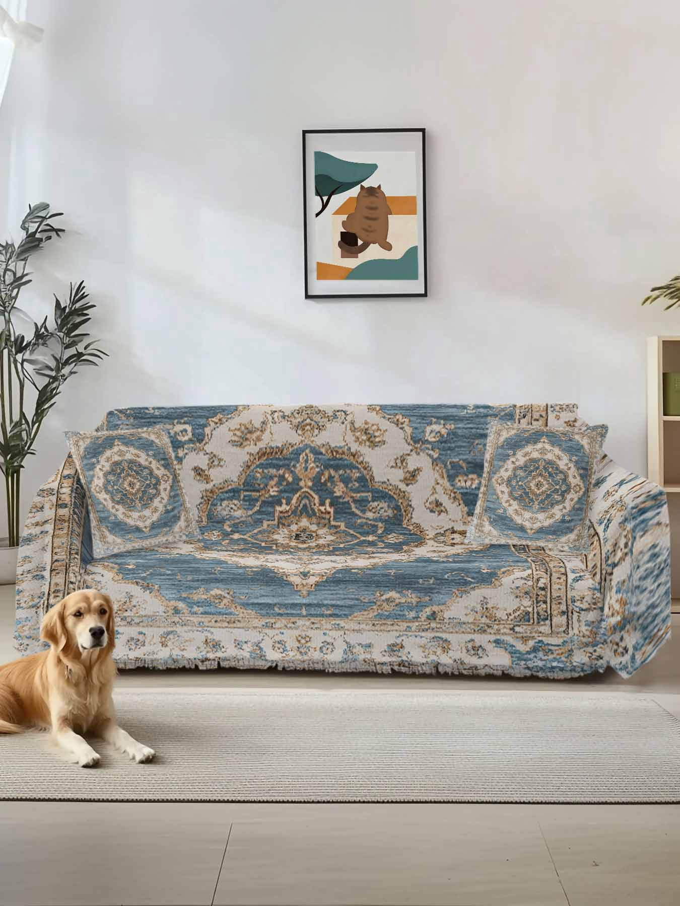 Boho Blue Couch Cover, Retro Tribal Traditional Distressed Printed Sofa ...