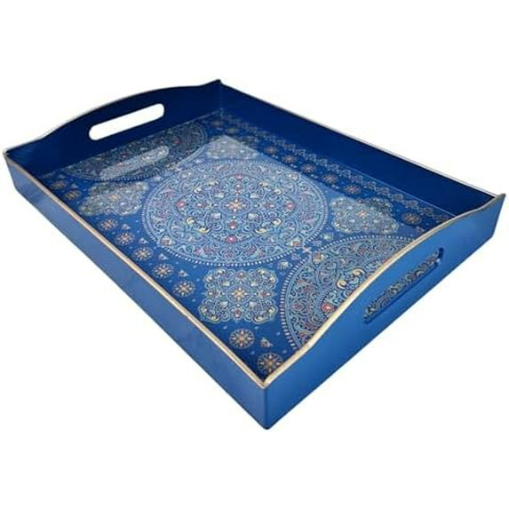 Boho Blue Decorative Tray, Serving Tray with Handles, Plastic Tray for ...