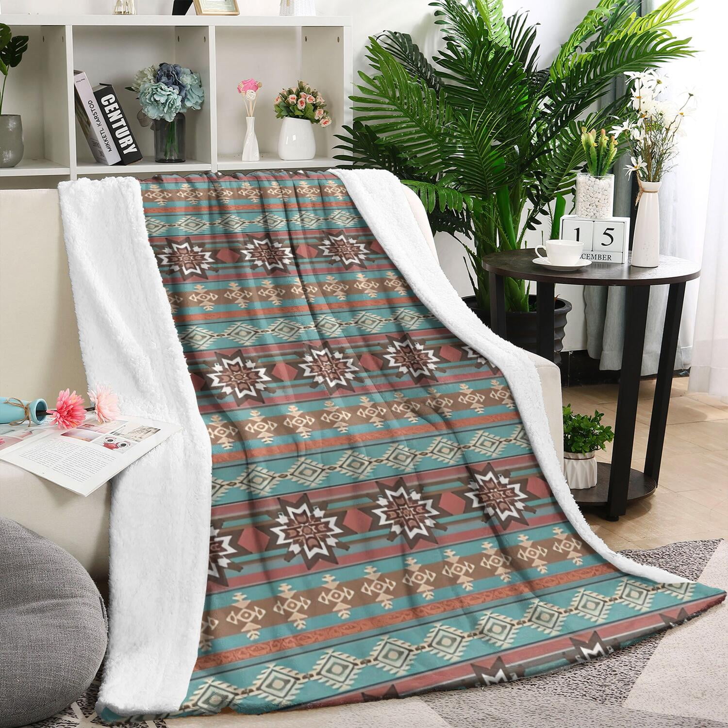 Boho Blue Ethnic Pattern with Star Motifs Blanket,Comfortable Soft Lamb ...