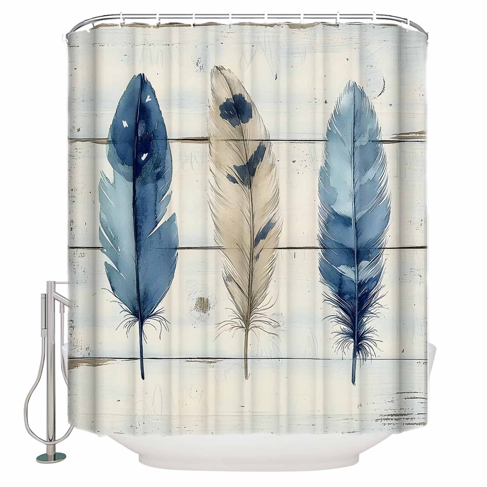 Boho Blue Feathers Bathroom Shower Curtains with 12 Hooks Polyester ...