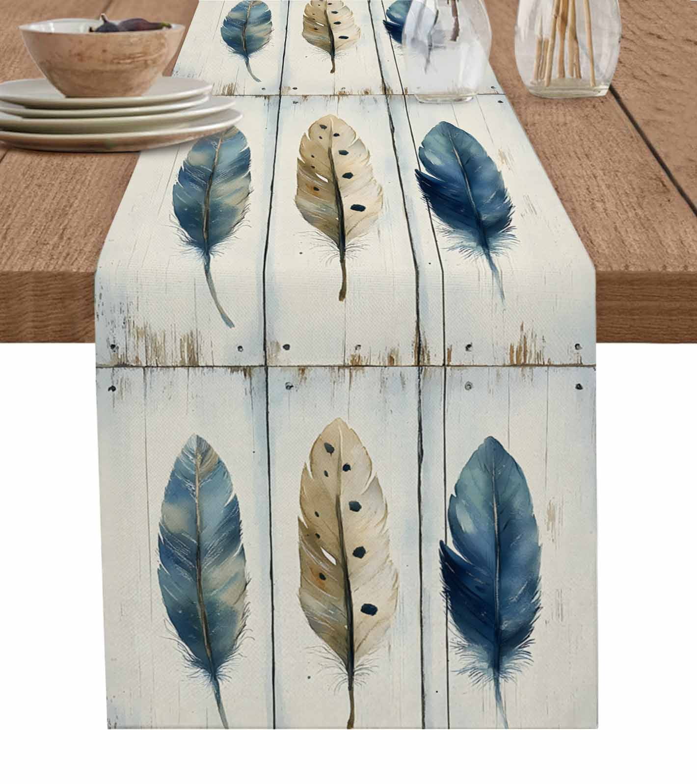 Boho Blue Feathers Burlap Cotton Table Runner 18x72 Inches Long, Rustic ...