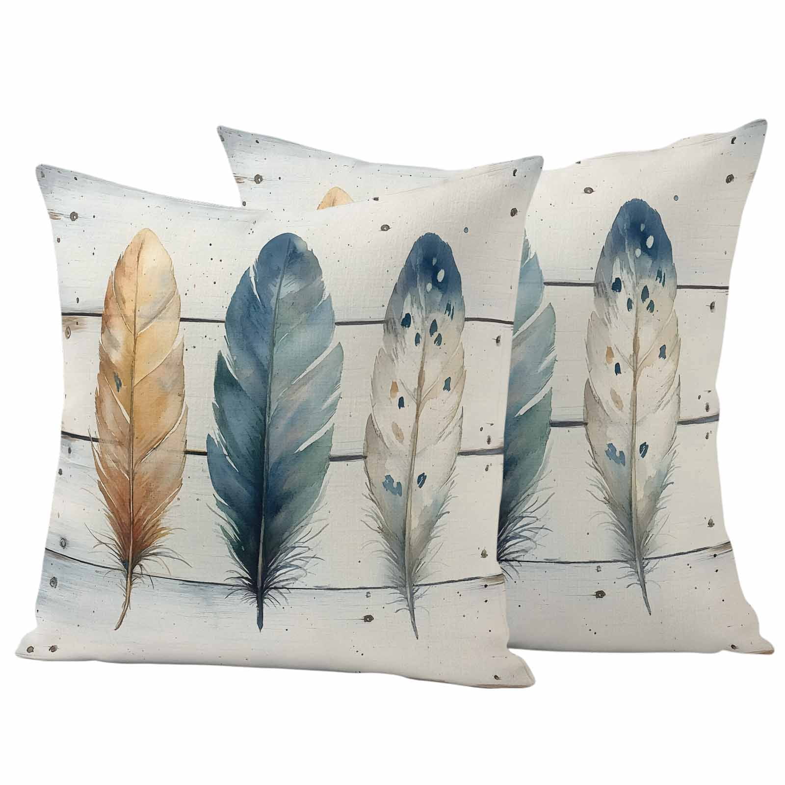 Boho Blue Feathers Outdoor Waterproof Pillow Covers, Country Vintage ...