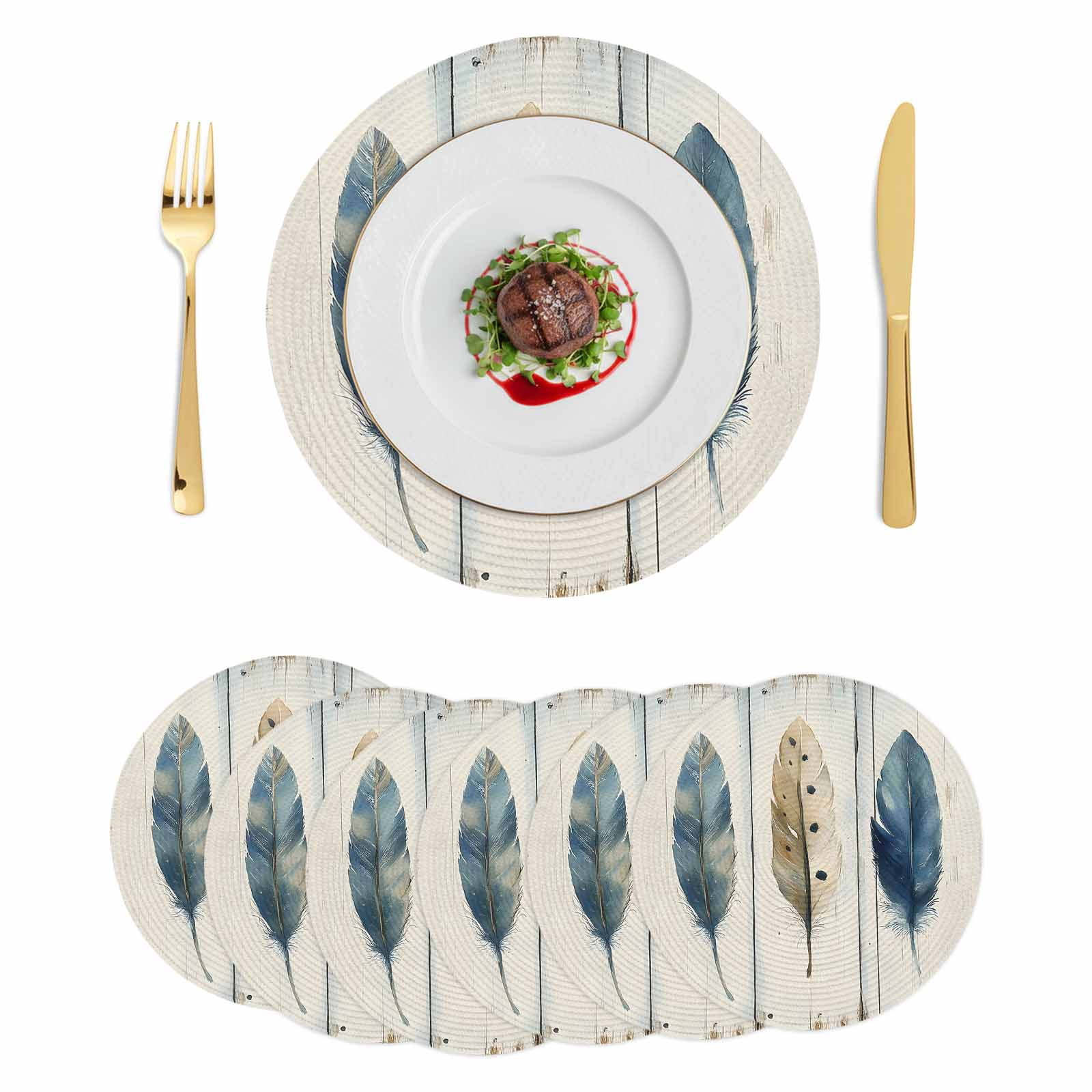 Boho Blue Feathers Round Placemats Set of 6 Rustic Retro Wooden Board ...