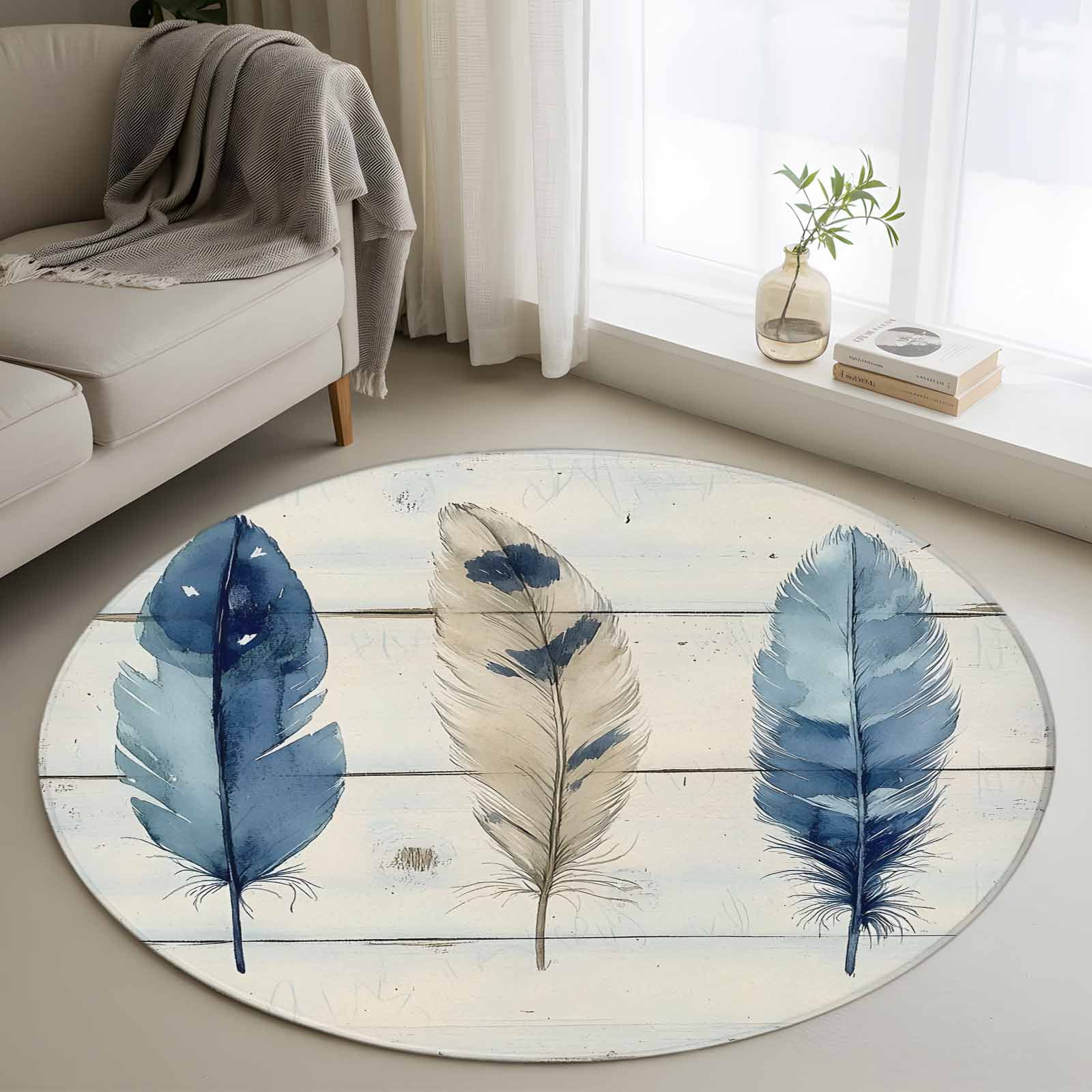 Boho Blue Feathers Round Rug 4ft Washable Circle Entryway Rugs Non Slip ...