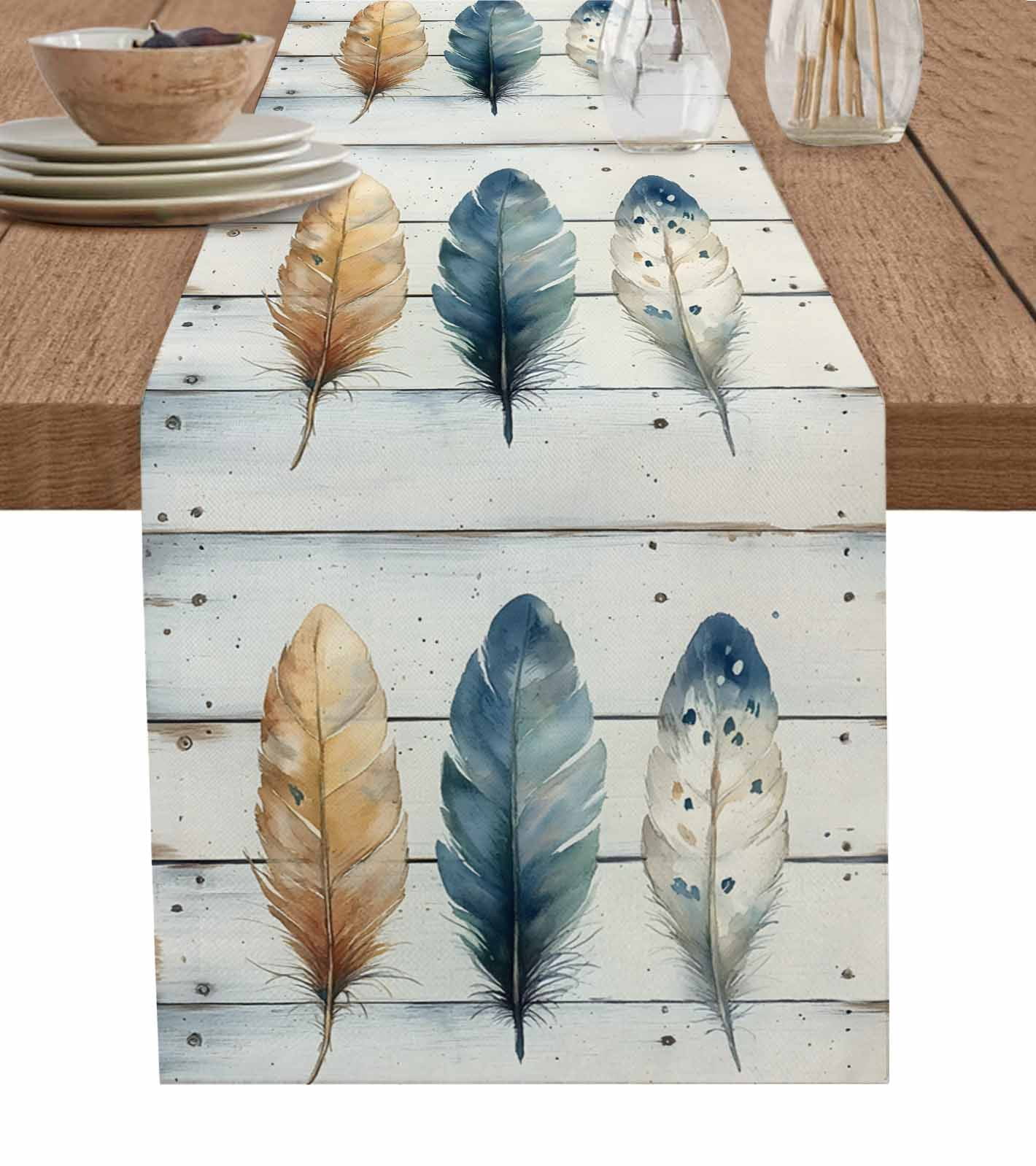 Boho Blue Feathers Table Runner 90 Inches, Country Vintage Wooden Grain Bed Runner Dresser ...