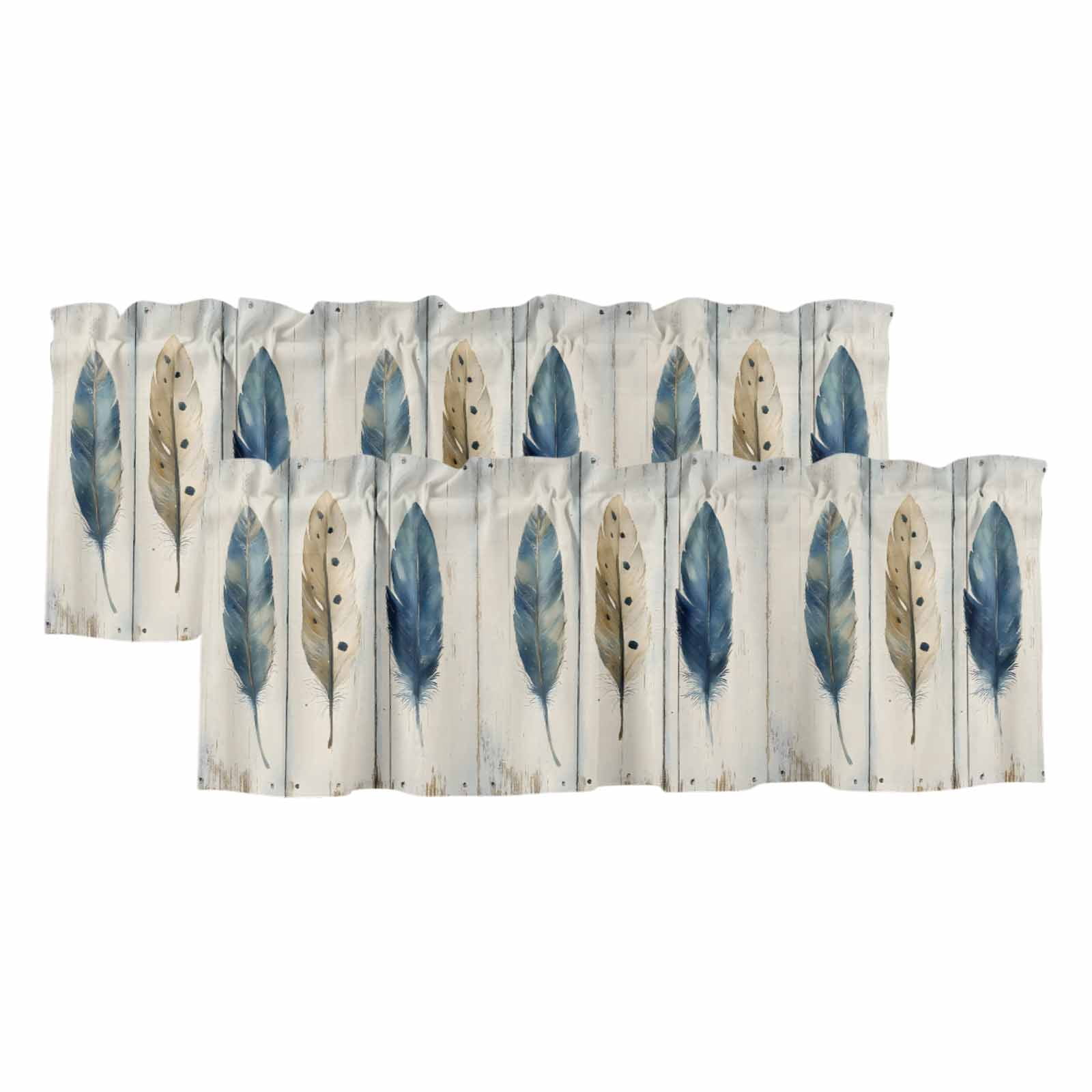 Boho Blue Feathers Valances for Windows, Decorative Rod Pocket Window ...