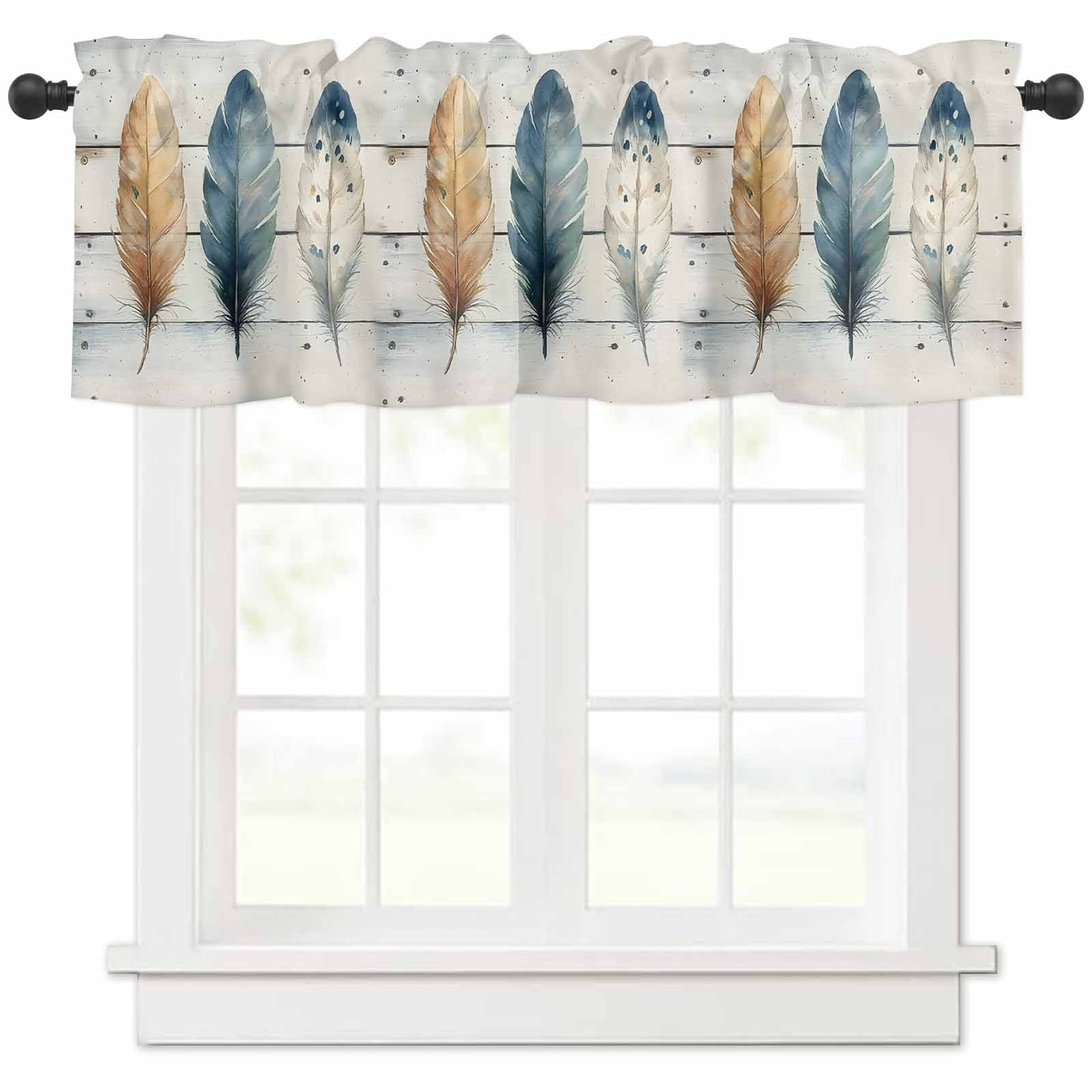 Boho Blue Feathers Valances for Windows Farmhouse Kitchen Curtains ...