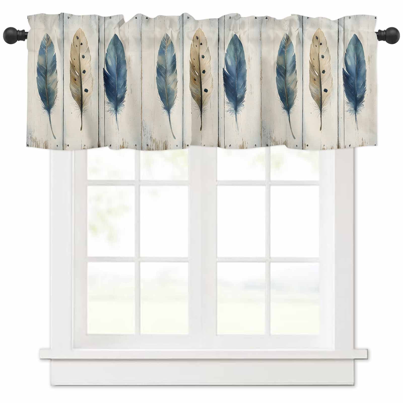 Boho Blue Feathers Valances for Windows Farmhouse Kitchen Curtains ...