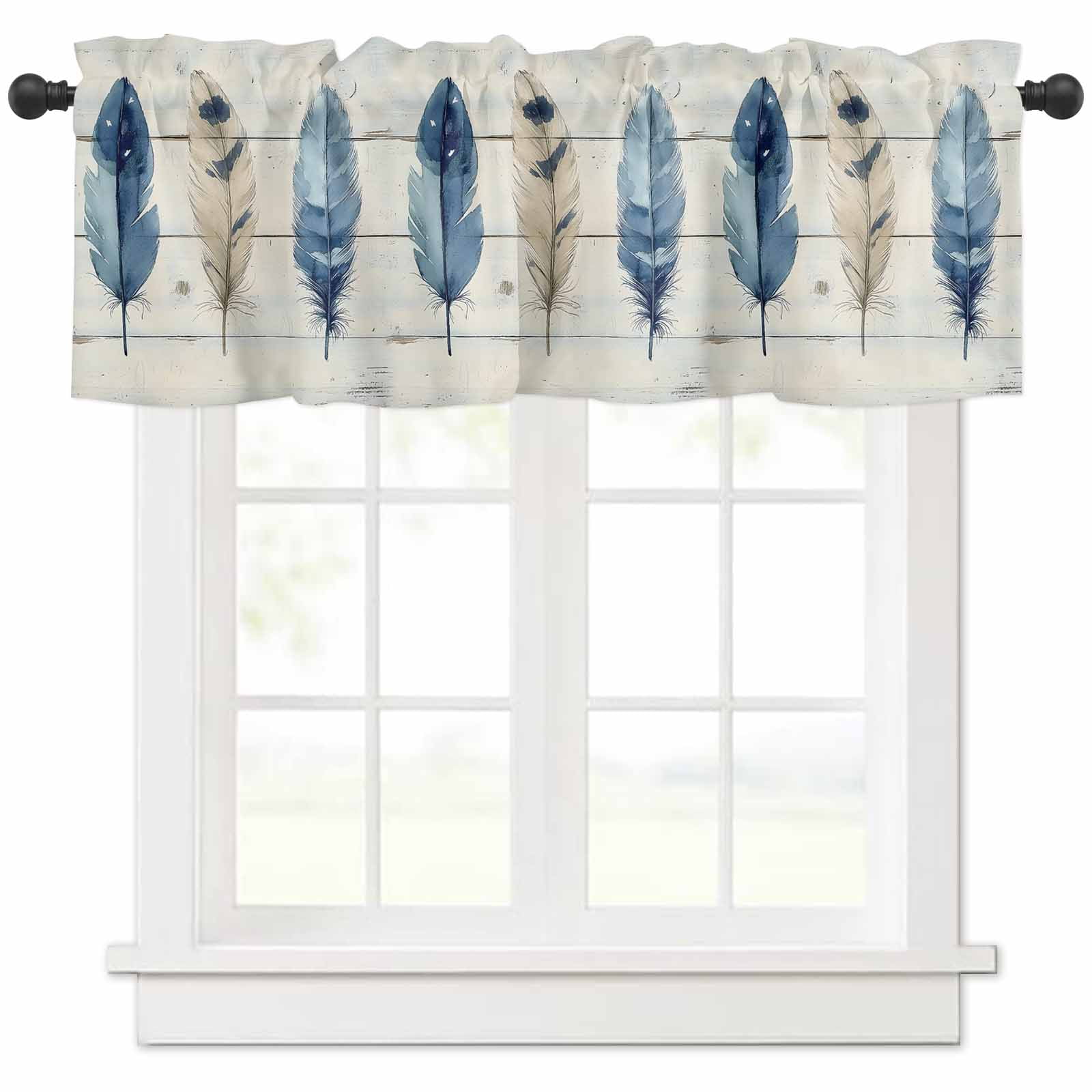 Boho Blue Feathers Valances for Windows Farmhouse Kitchen Curtains ...