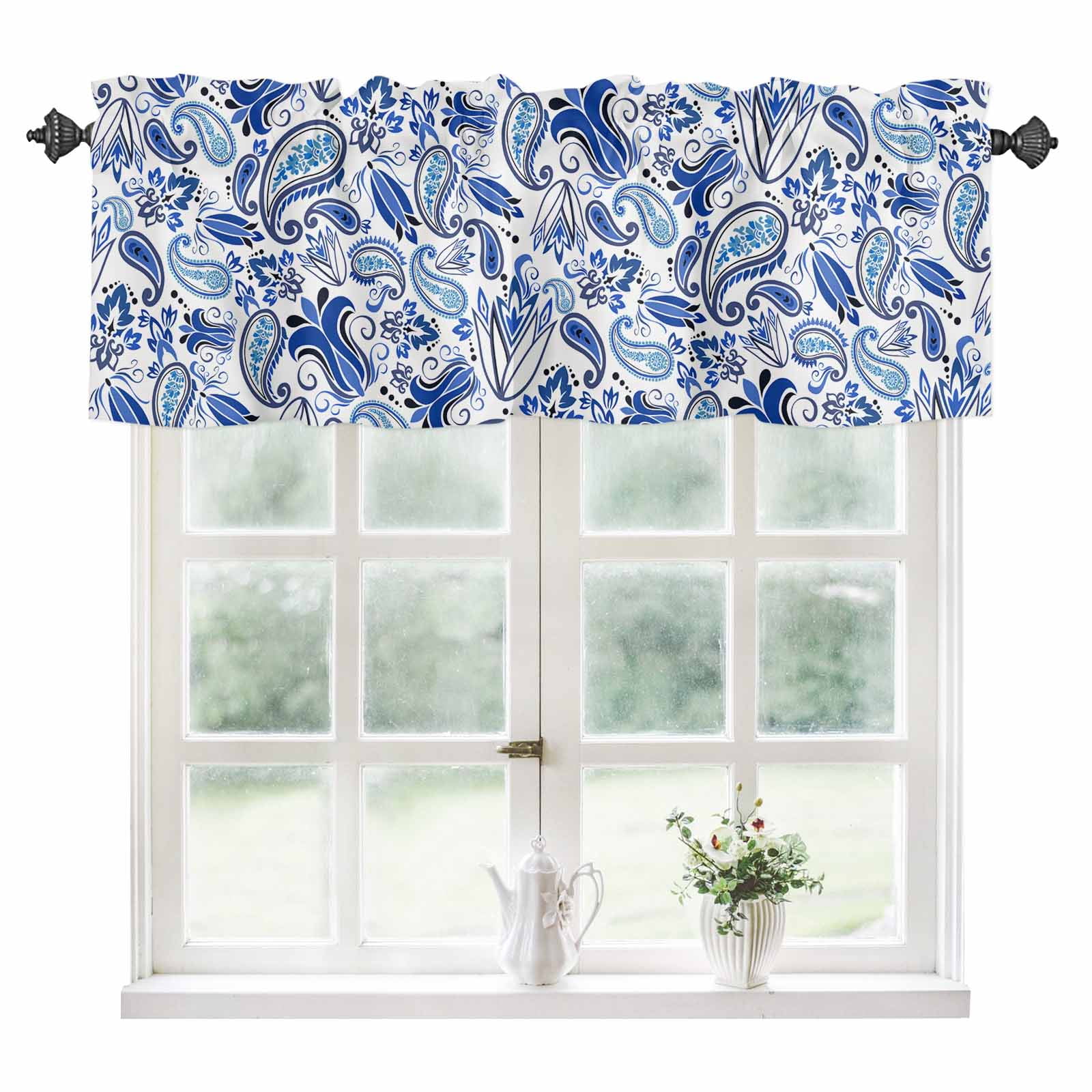 Boho Blue Floral Kitchen Valances for Windows 60x18 Inch Kitchen ...