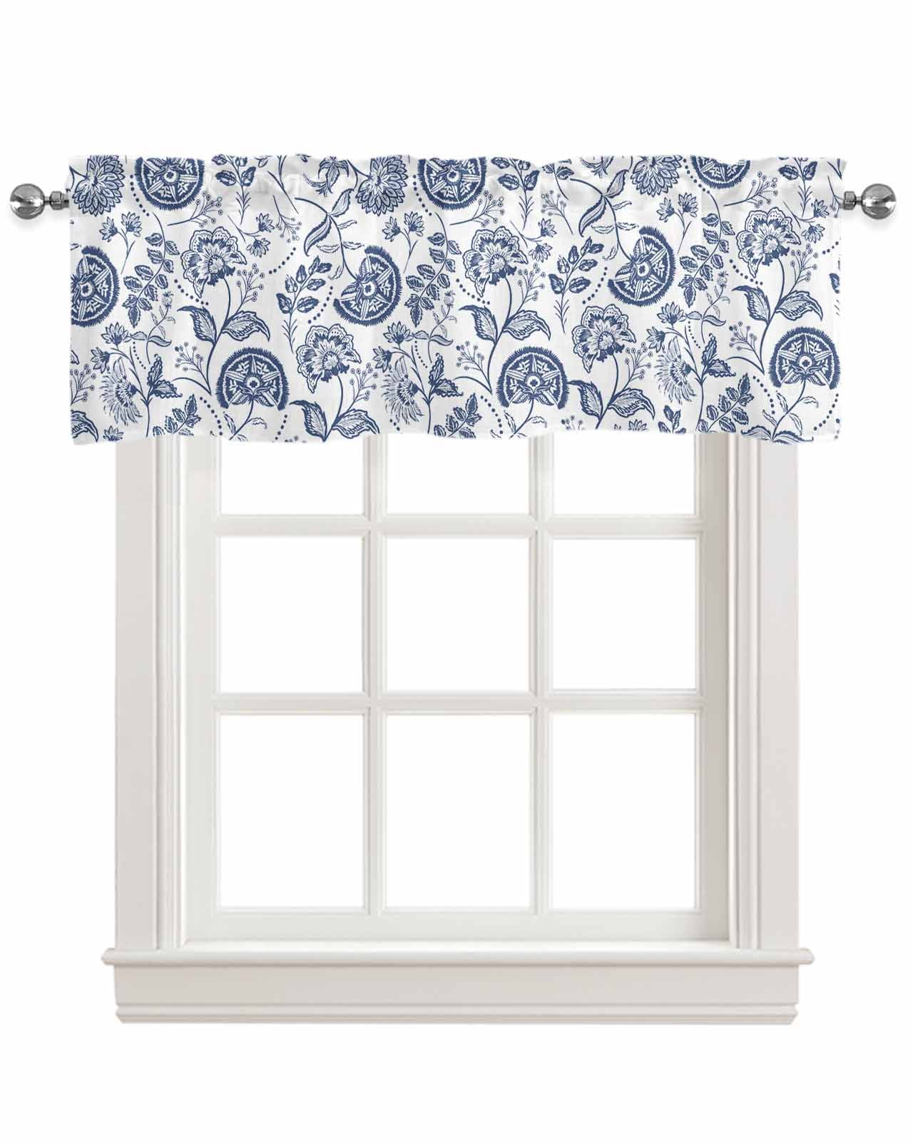Boho Blue Floral Kitchen Valances for Windows Farmhouse Linen Window ...