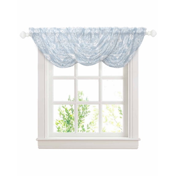Boho Blue Floral Sheer Waterfall Valance Curtains for Window, Country ...