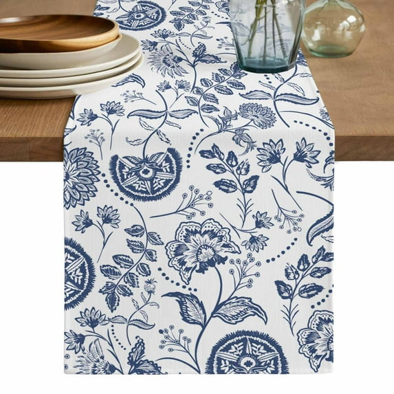 Boho Blue Floral Table Runner, Vintage Farmhouse Paisley Plant Leaf ...