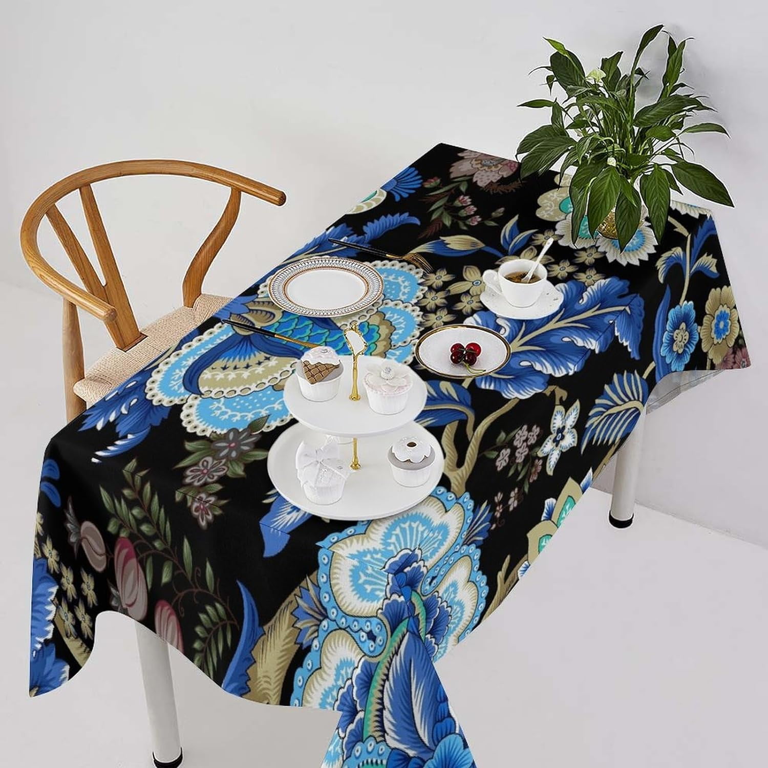 Boho Blue Floral Tablecloth, Vintage Paisley Abstract Mandala Flower ...