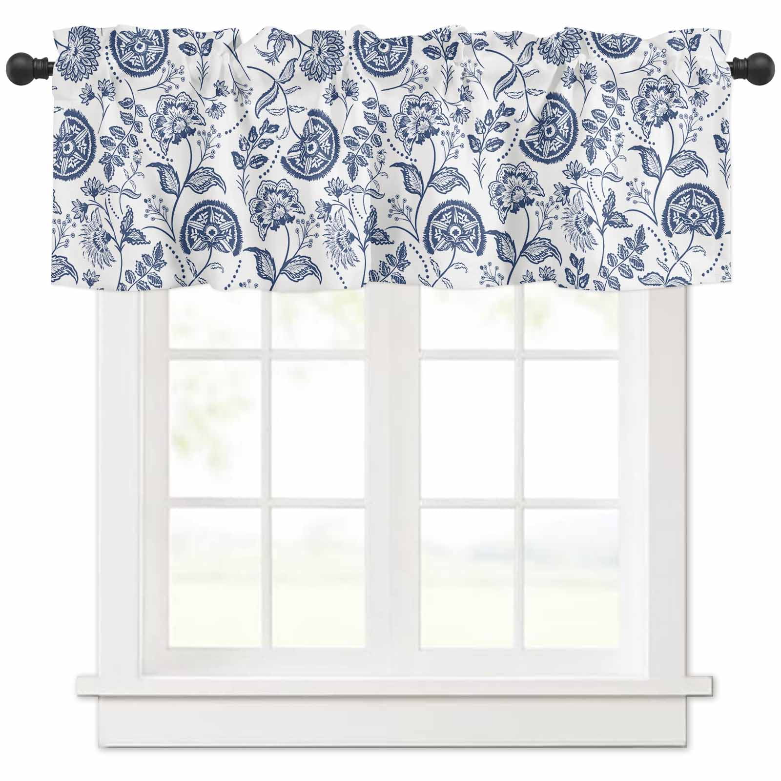 Boho Blue Floral Valances for Windows Farmhouse Kitchen Curtains ...