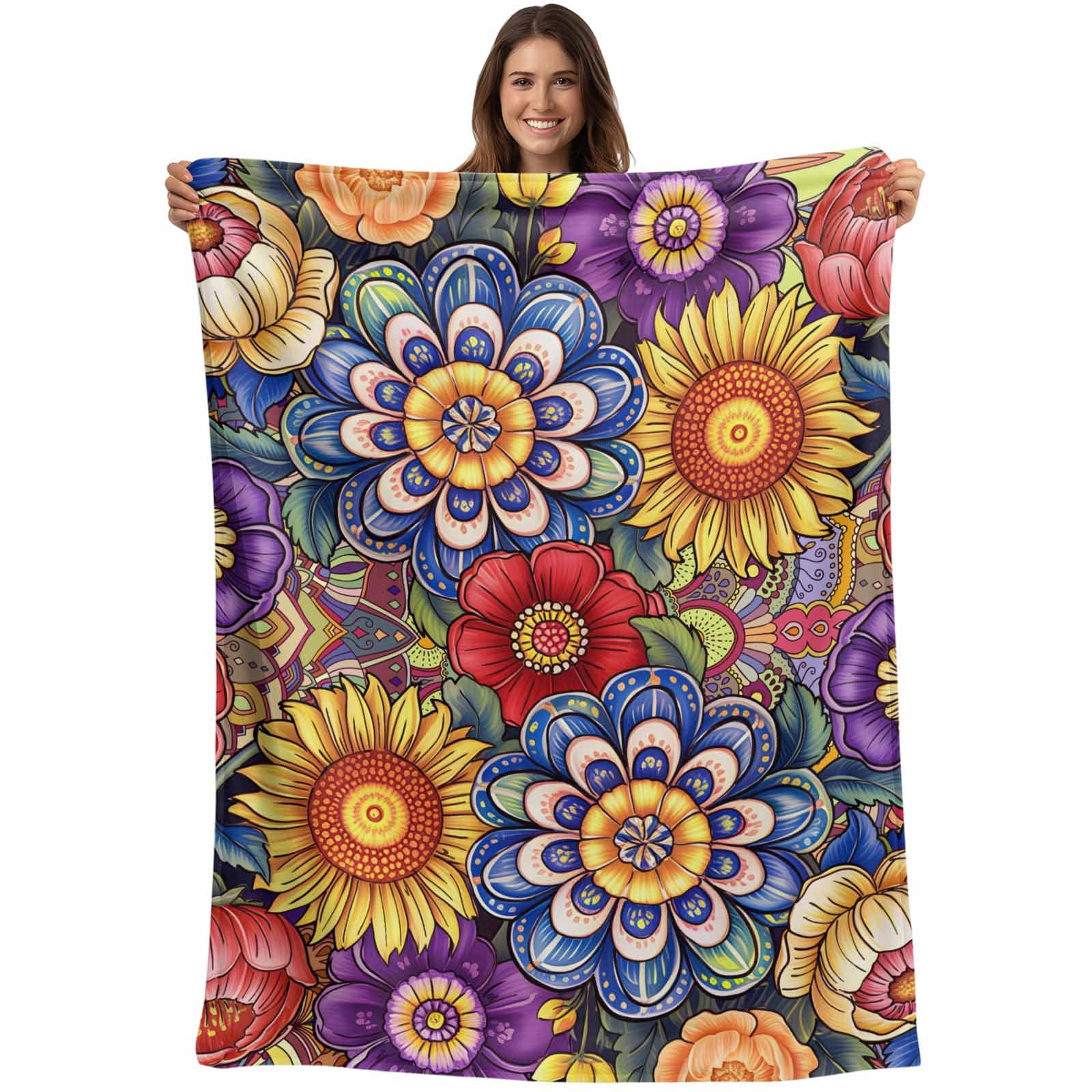 Boho Blue Flower Blanket Soft Cozy Warm Throw Blanket for Couch, Plush ...
