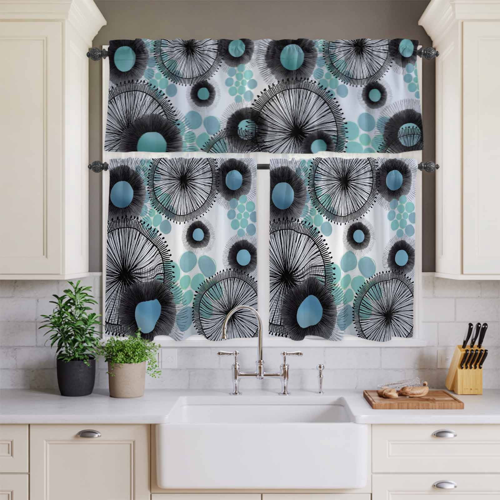 Boho Blue Flower Green Color Block Curtain Tier and Valance Set 3 Piece ...
