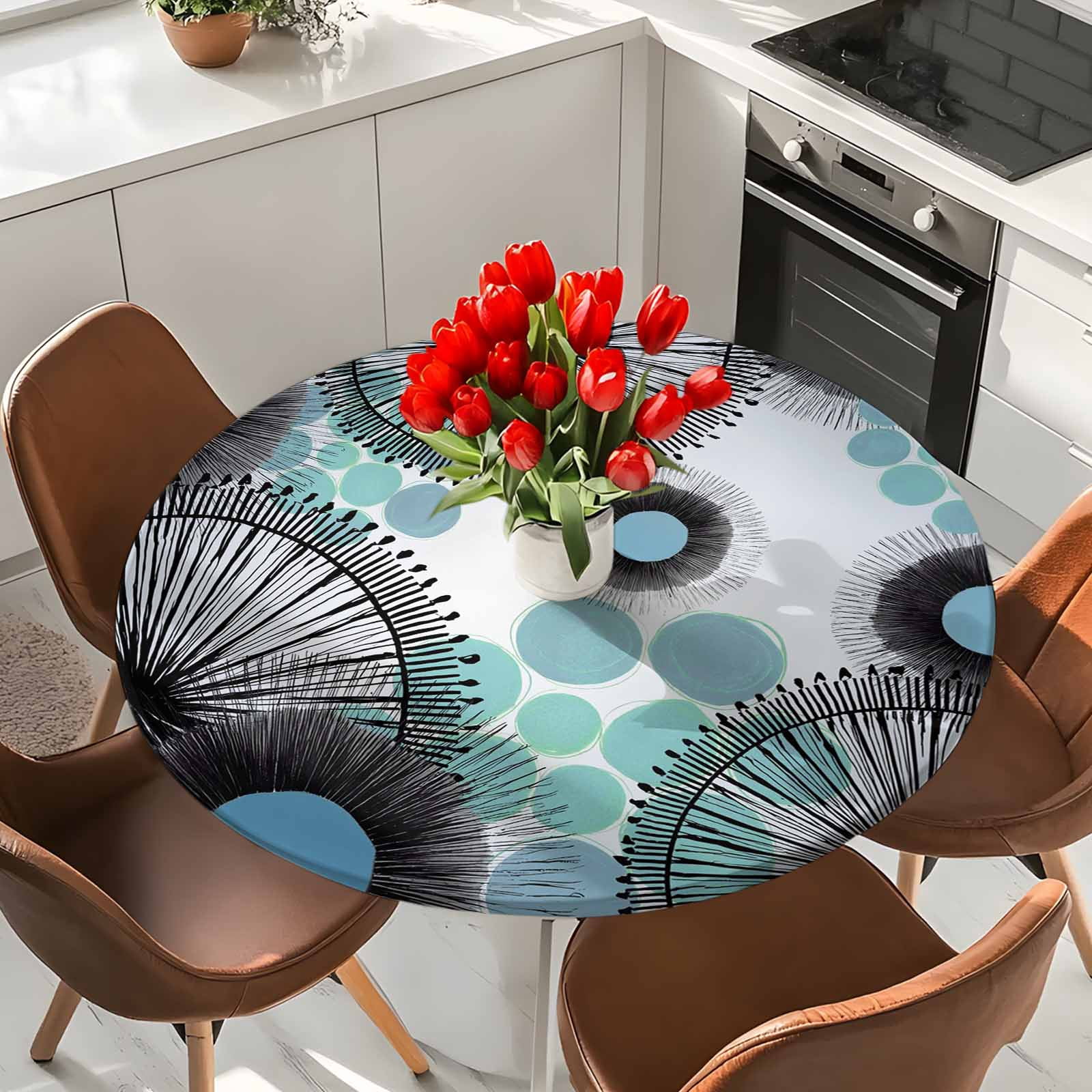 Boho Blue Flower Green Color Block Round Fitted Tablecloth with Elastic ...