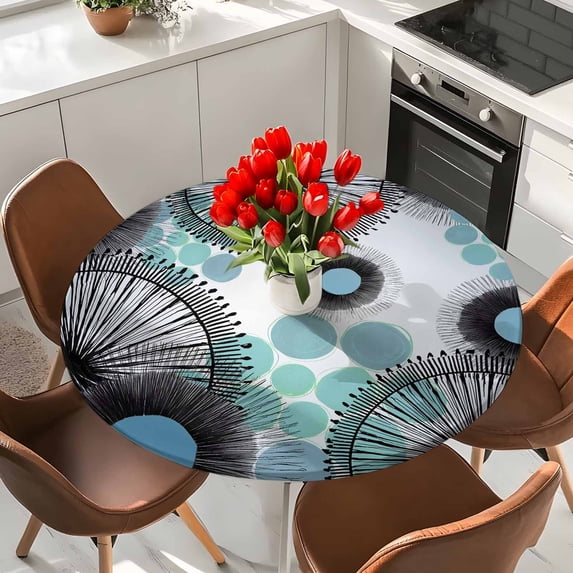 Boho Blue Flower Green Color Block Round Fitted Tablecloth with Elastic ...