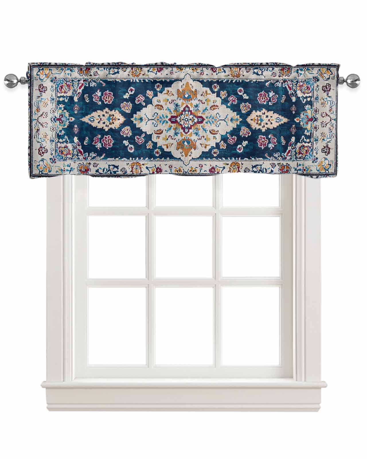Boho Blue Flower Kitchen Valances for Windows Farmhouse Linen Window ...