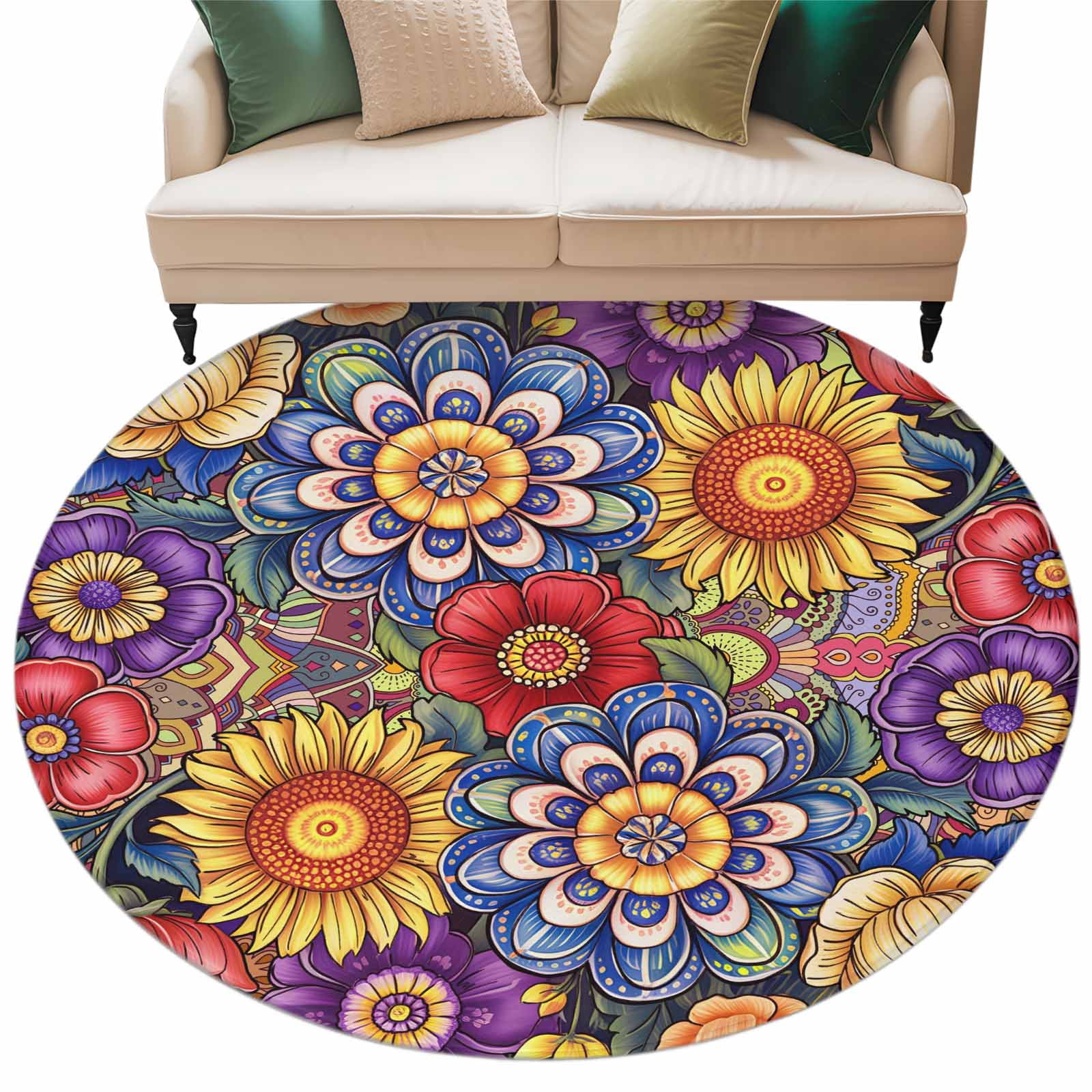 Boho Blue Flower Round Area Rugs Collection 7', Spring Bohemia Chic Red ...