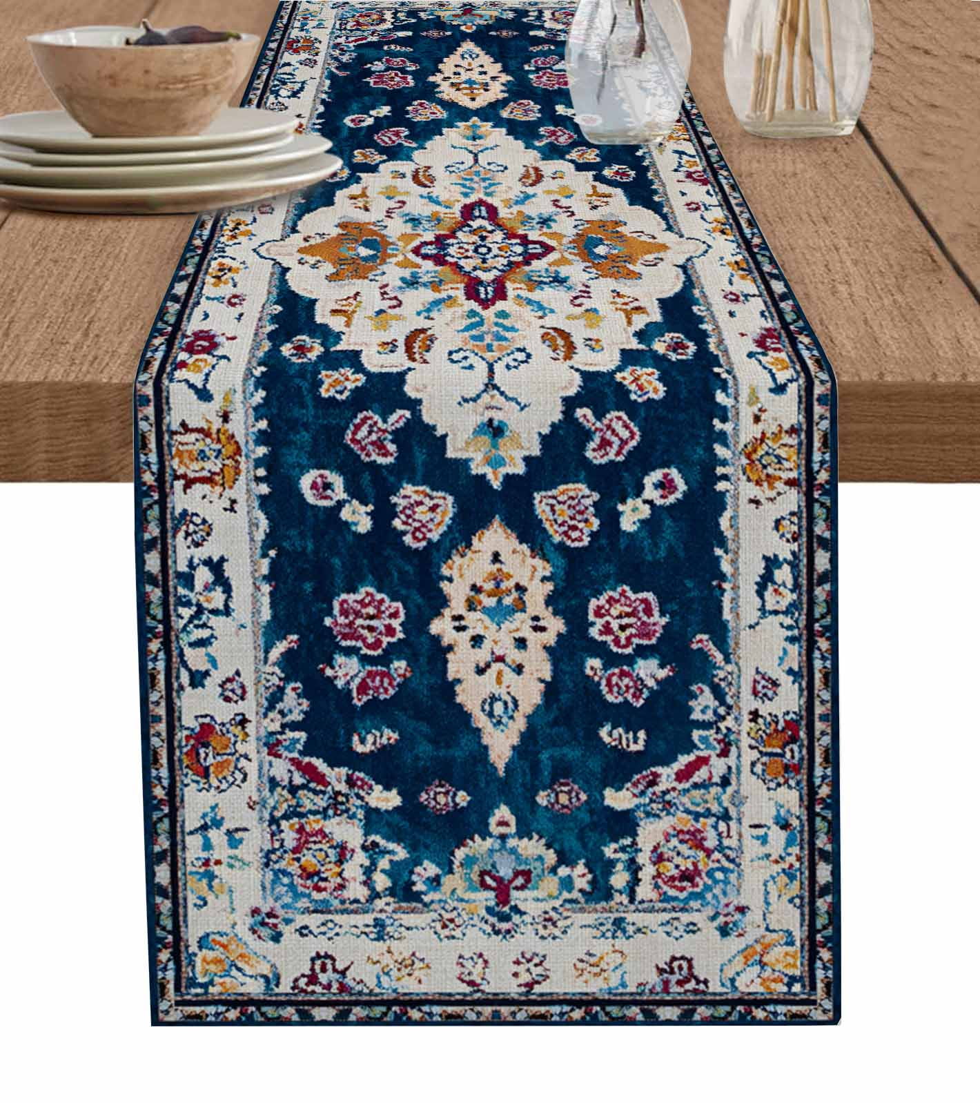Boho Blue Flower Table Runner Cotton Linen 48 Inch Holiday Dresser ...