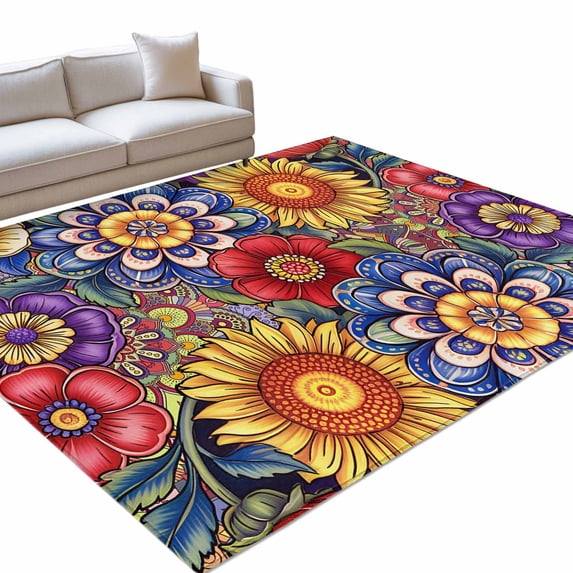 Boho Blue Flower Washable Rug 3x5 Area Rug for Living Room Bedroom Non ...