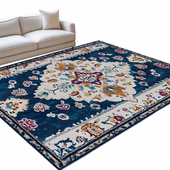 Boho Blue Flower Washable Rug 6x9 Area Rug for Living Room Bedroom Non ...