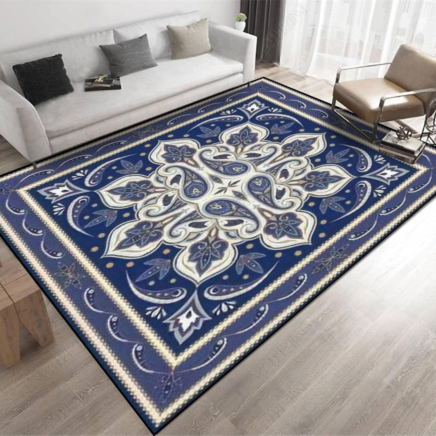 Boho Blue Flowers Area Rug, Morocco Style Large Rugs, Indoor Non-Slip ...