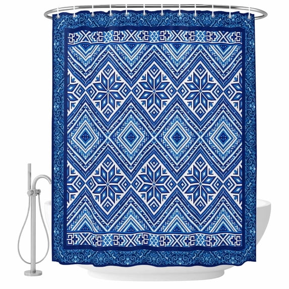 Boho Blue Geometric Shower Curtain Set - Standard 72" x 72" Washable ...
