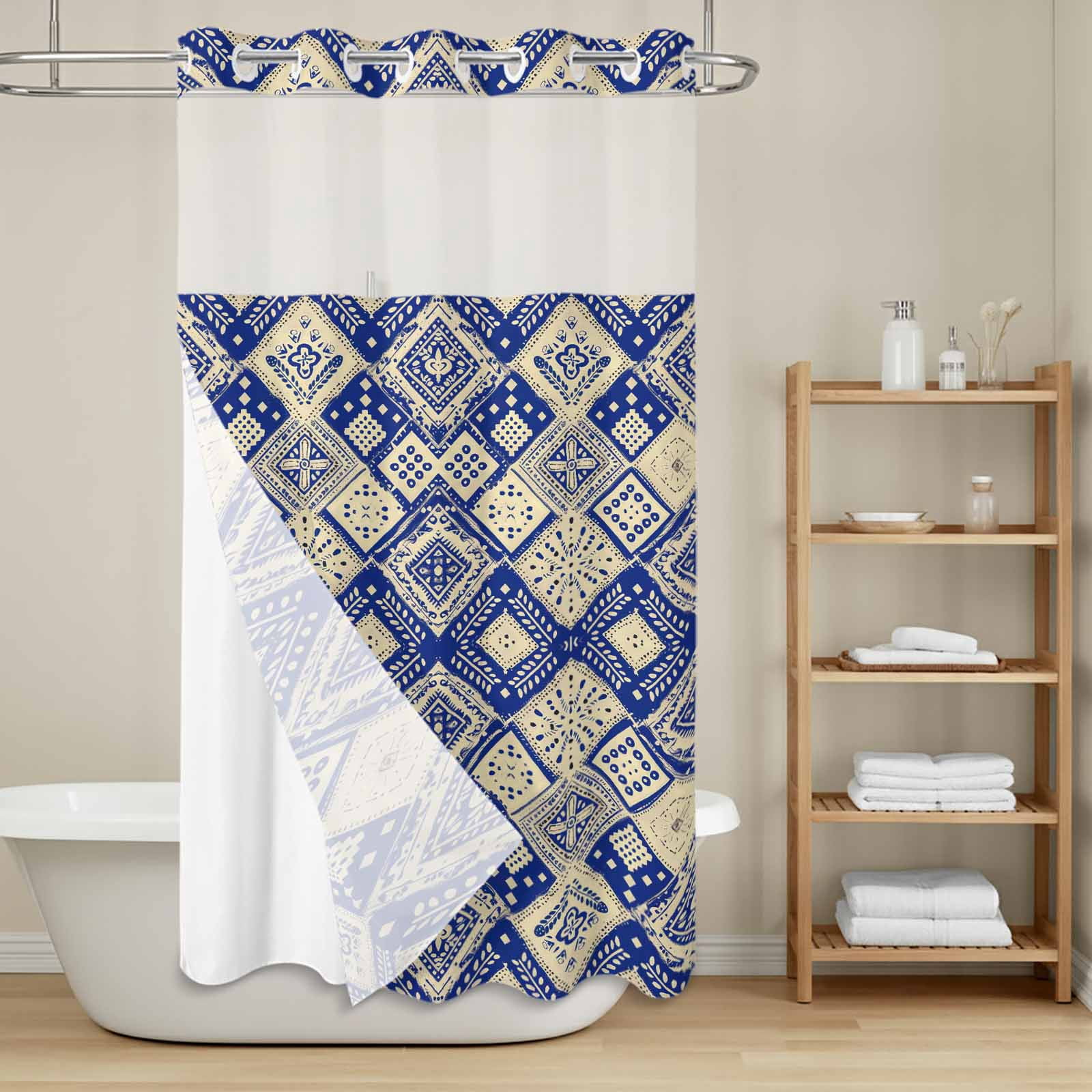 Boho Blue No Hook Shower Curtain with Snap in Liner, Watercolor Flower ...