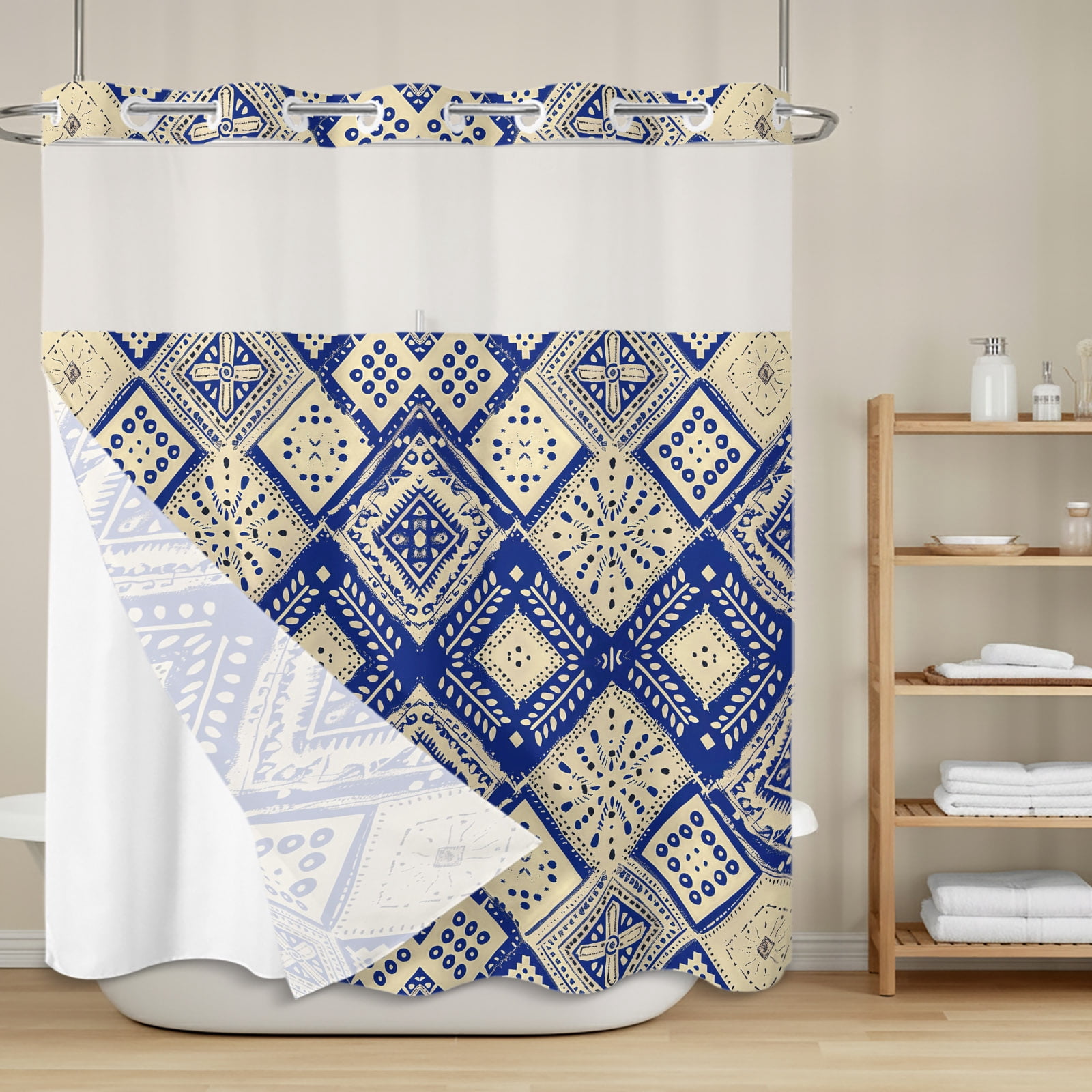 Boho Blue No Hook Shower Curtain with Snap in Liner, Watercolor Flower ...