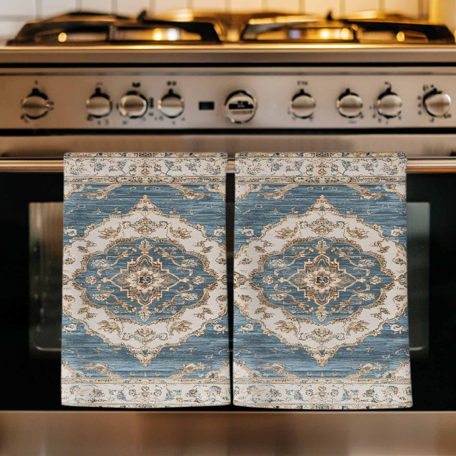 Boho Blue Kitchen Towels Set of 2, Retro Tribal Traditional Distressed ...