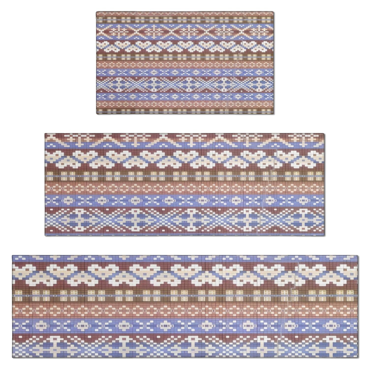 Boho Blue Knitted Ethnic Pattern Kitchen Rugs Sets Of 3,Kitchen Runner ...
