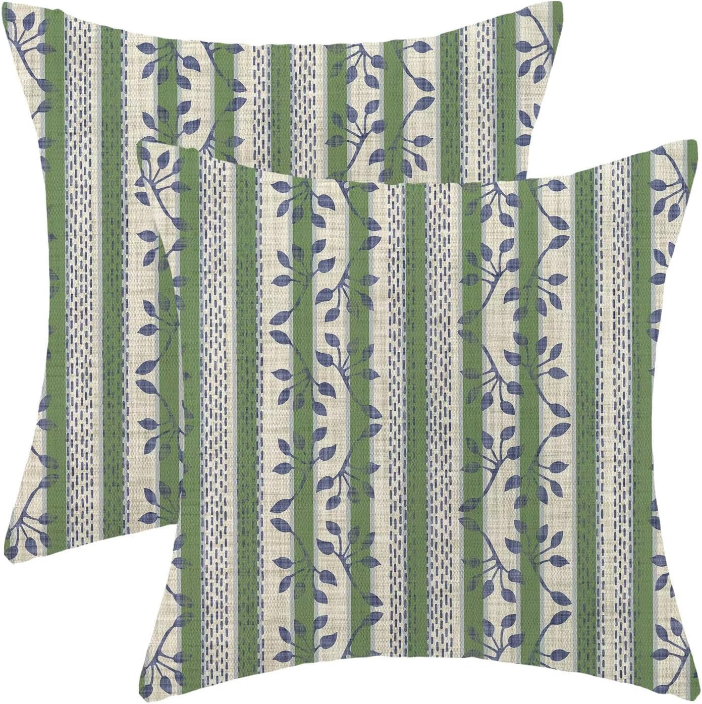 Boho Blue Leaf Stripe Pillow Covers 18x18 Inch Set of 2, Abstract ...