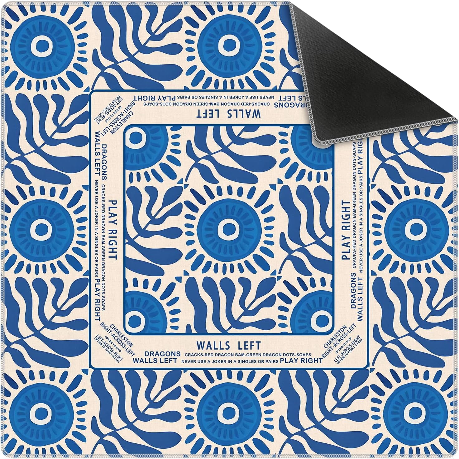 Boho Blue Mahjong Mat 31.5x31.5 Inch, Mediterranean Tiles Non-Slip and ...