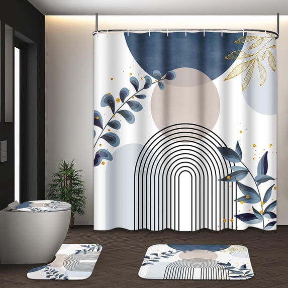 Boho Blue Mid Century Shower Curtain Set with Toilet Lid Cover and Non ...