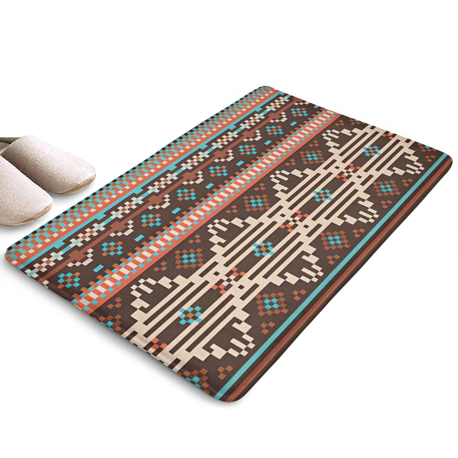Boho Blue Pixel Ethnic Pattern Flannel Non Slip Door Rugs,Washable Door ...