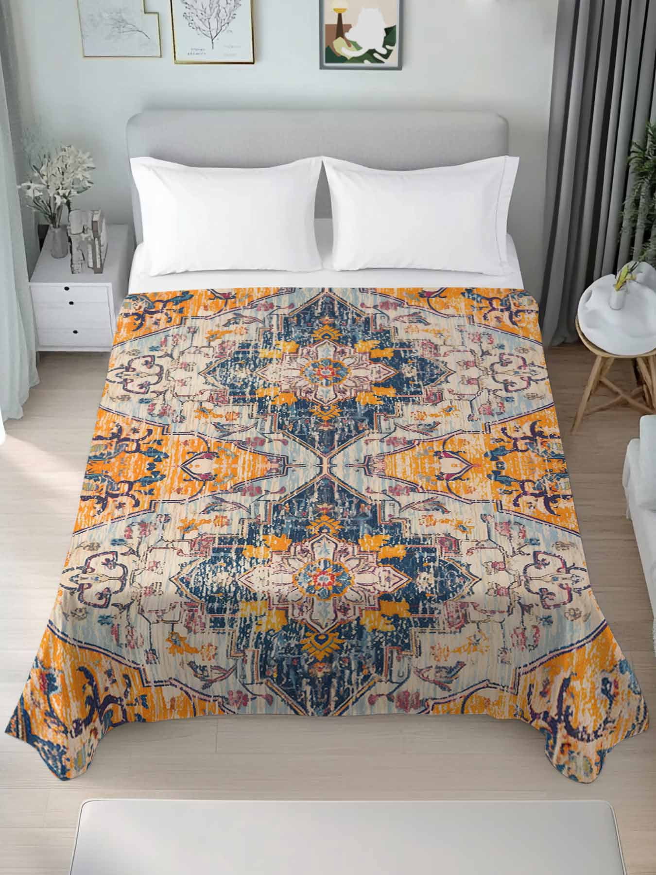 Boho Blue Queen Size Flat Sheet, Wrinkleproof & Fadeproof Cooling Flat ...