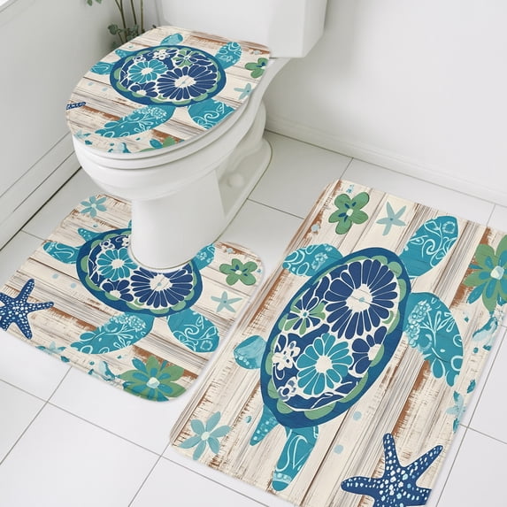 Boho Blue Sea Turtle Bathroom Rugs Set Wood Grain Non Slip Absorbent ...