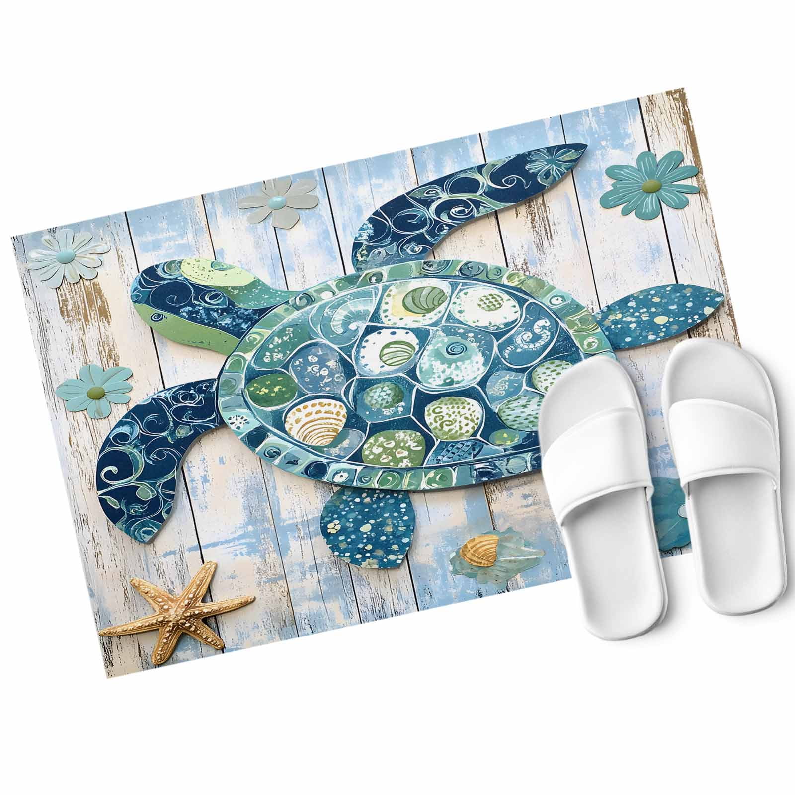 Boho Blue Sea Turtle Door Mat Floral Wood Grain Non Slip Absorbent ...