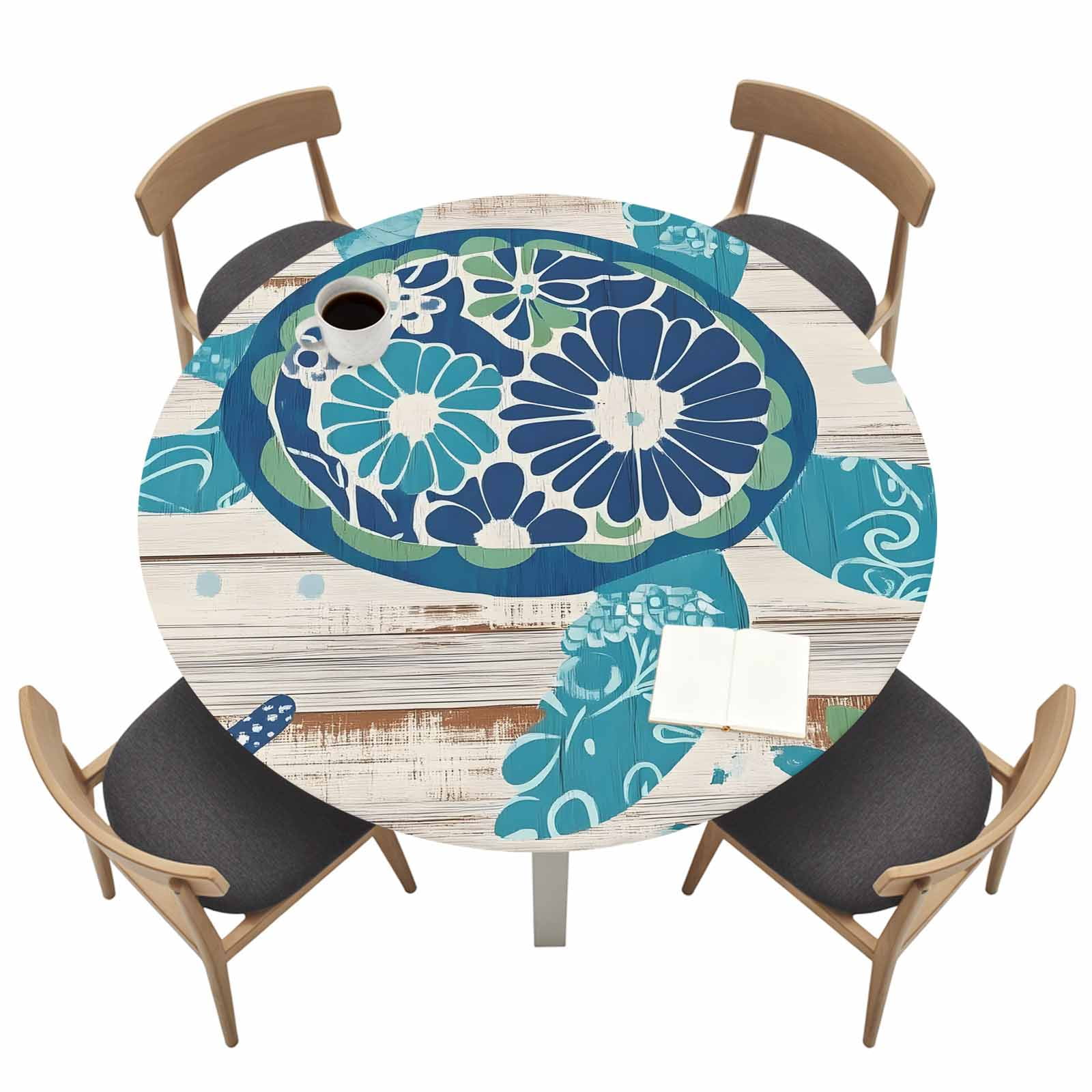 Boho Blue Sea Turtle Round Fitted Tablecloth with Elastic Edge Wood ...