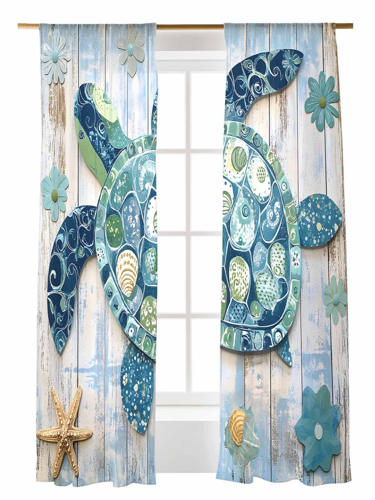 Boho Blue Sea Turtle Sheer Curtains 2 Panels Set Floral Wood Grain ...