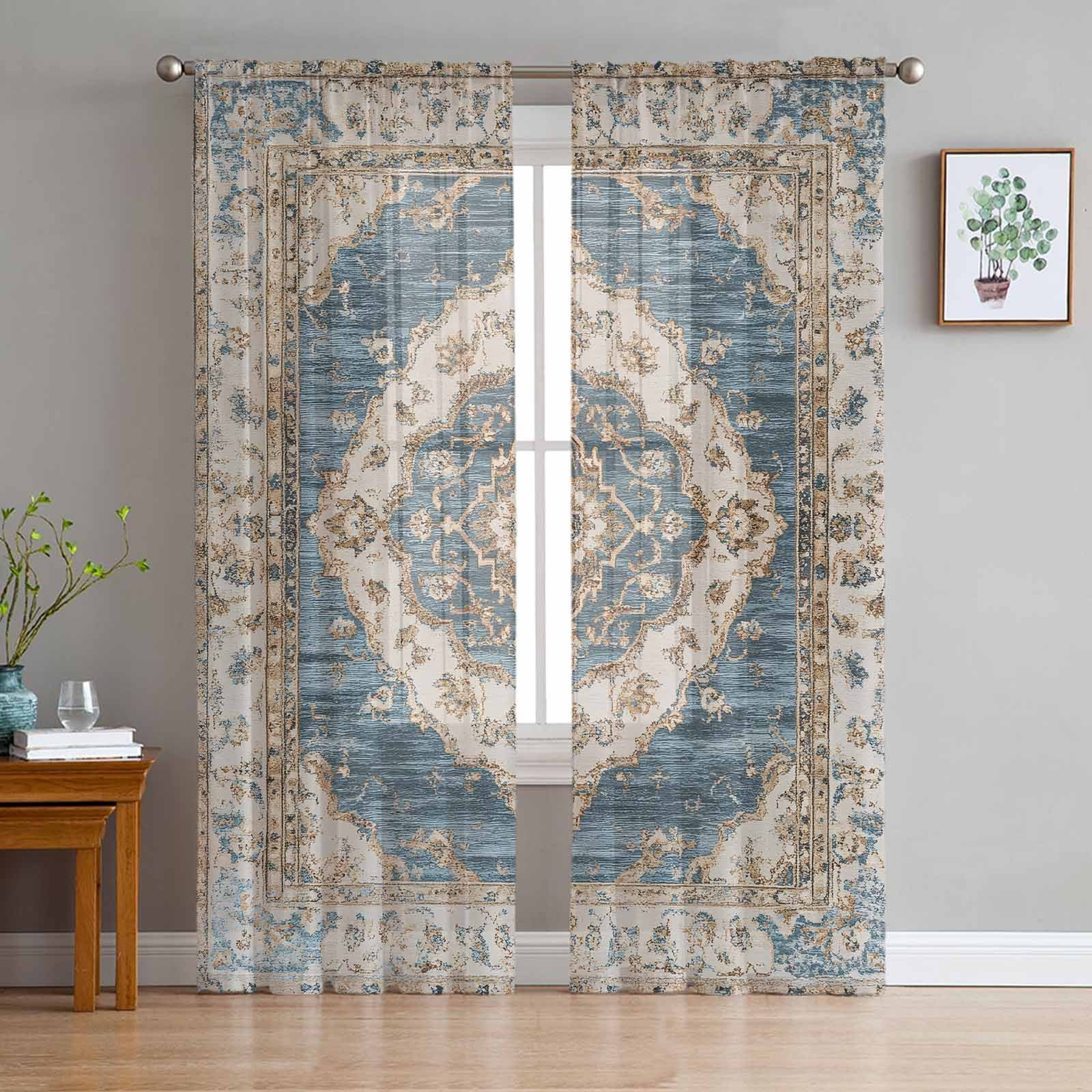Boho Blue Sheer Curtains 63 Inches Length 2 Panels Set, Window Sheer Curtains for Living Room ...
