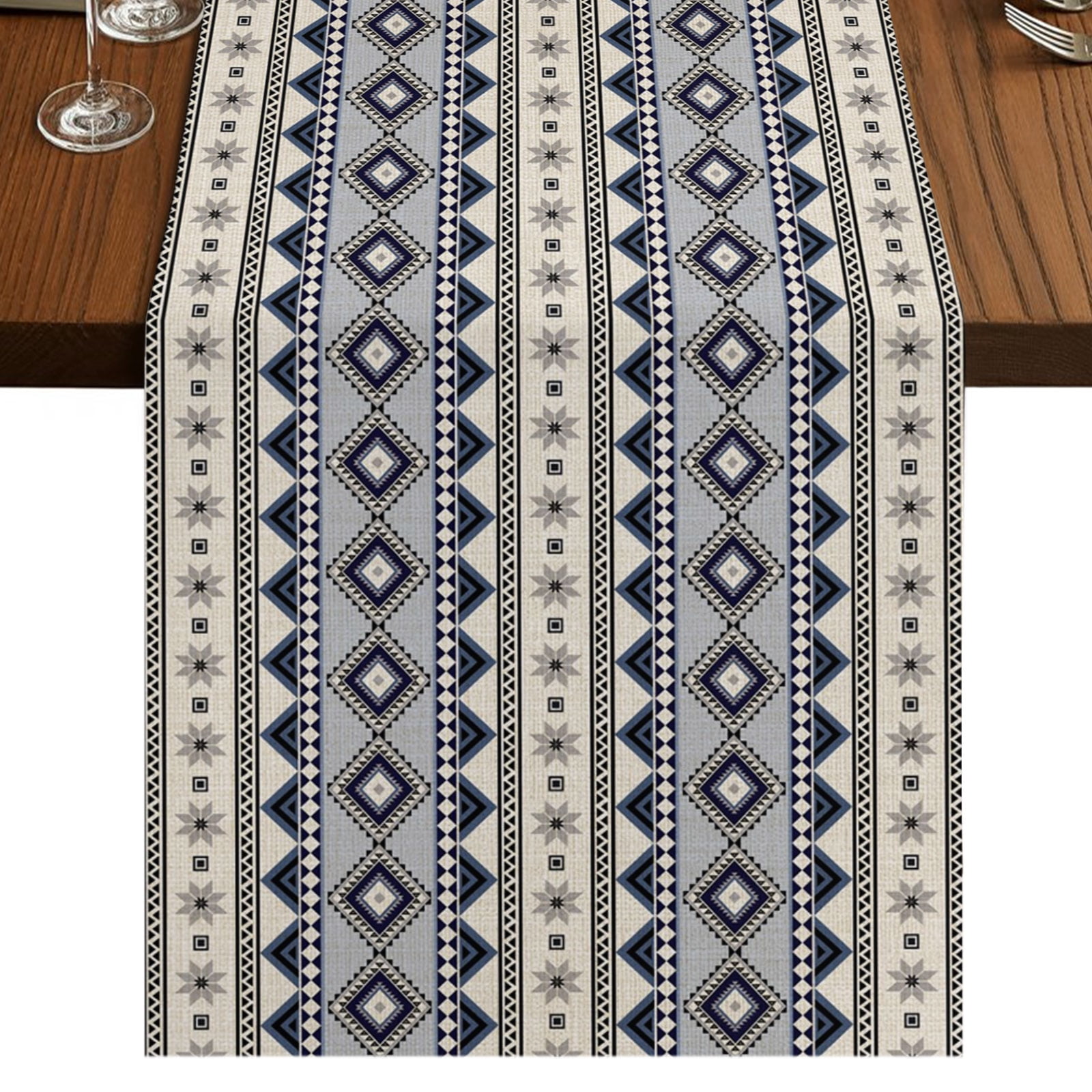 Boho Blue Striped Burlap Cotton Table Runner 13x72 Inches Long, Beige ...