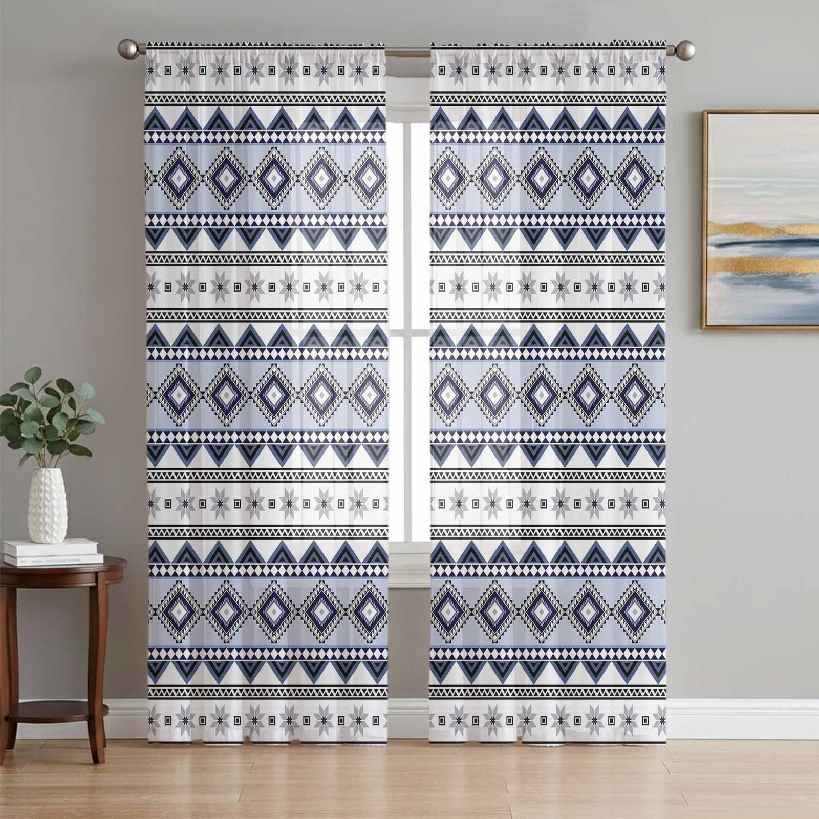 Boho Blue Striped Sheer Curtains for Living Room Bedroom Ethnic Tribe ...
