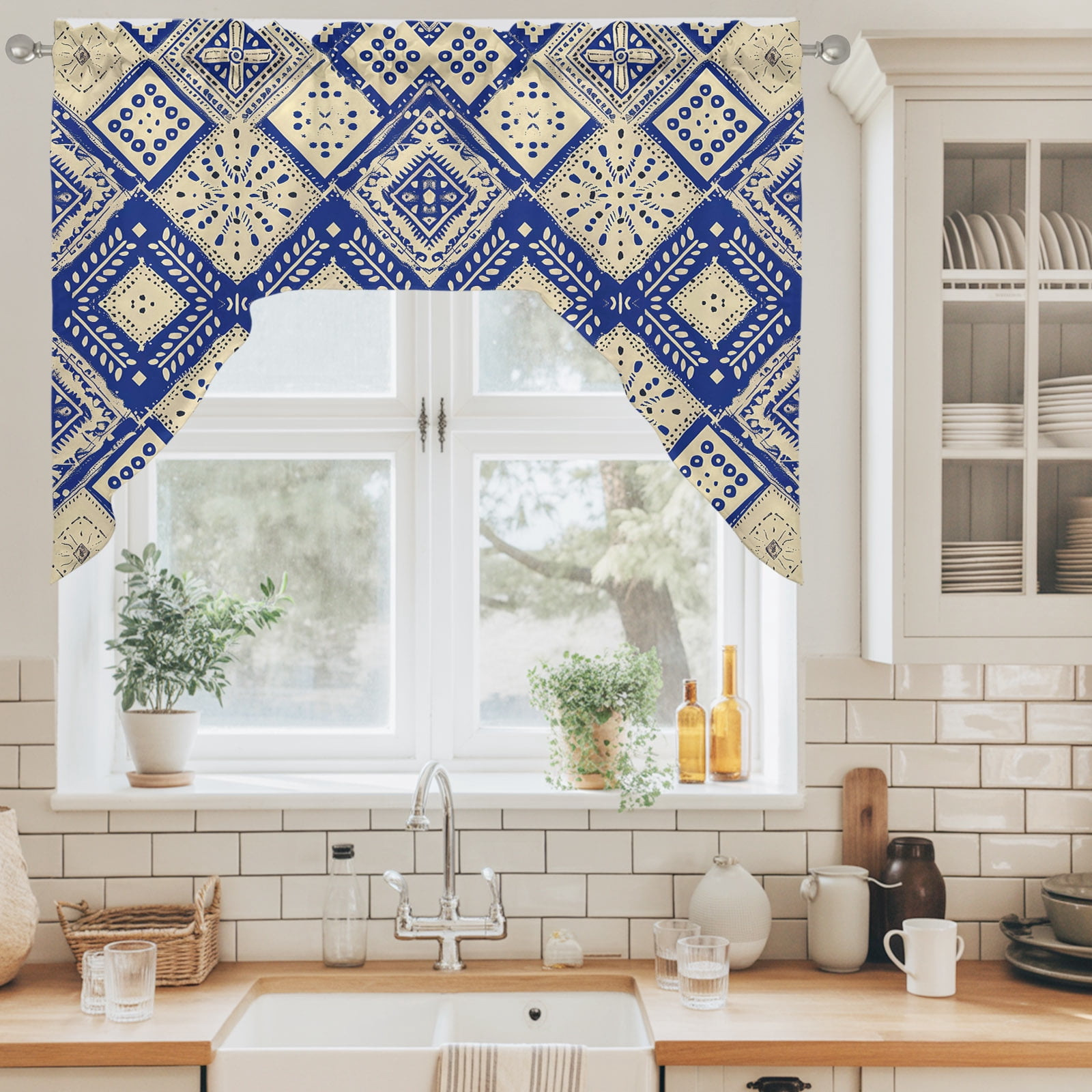 Boho Blue Swag Curtain Valance for Windows, Watercolor Flower Rhombus ...