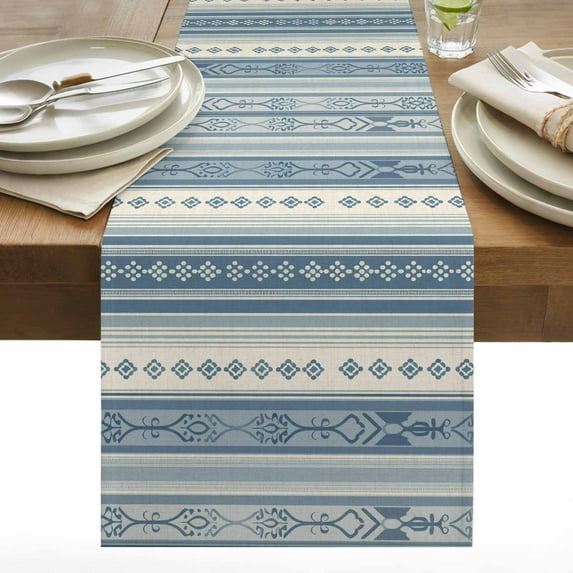 Boho Blue Table Runner 13x36 inch Stripes Abstract Geometric Texture ...