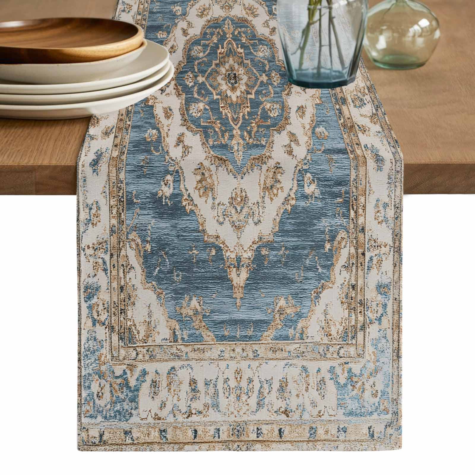 Boho Blue Table Runner, Retro Tribal Traditional Distressed Printed ...